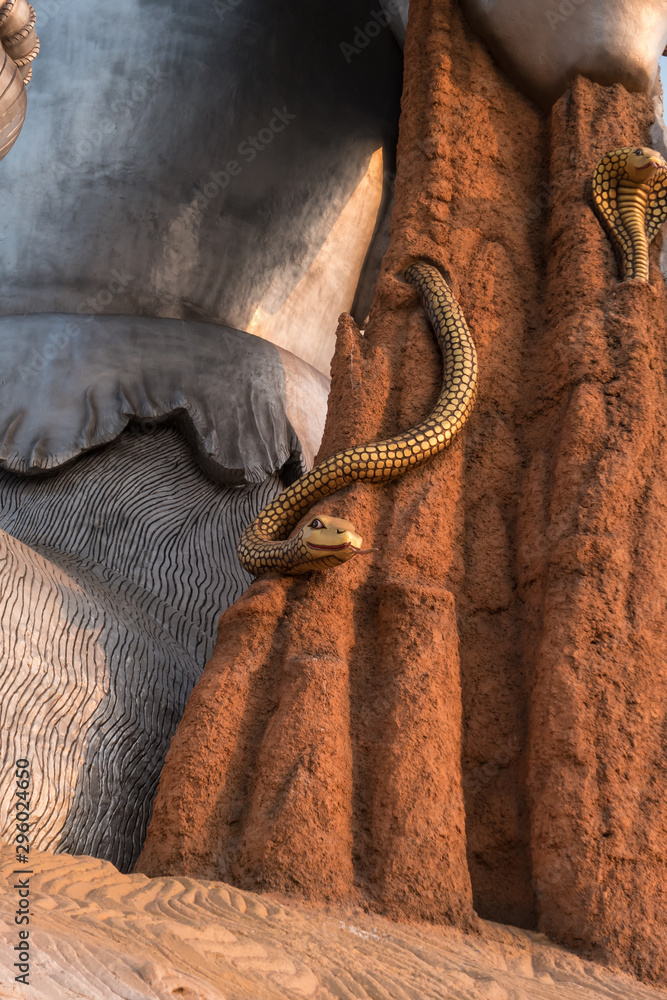 The snake on the statue of Lord Shiva in Murudeshwar. Details of the ...