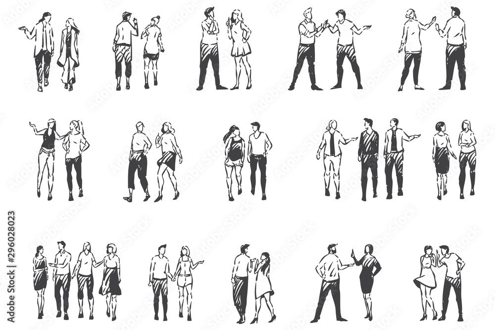 People communicating and walking outside concept sketch. Hand drawn ...