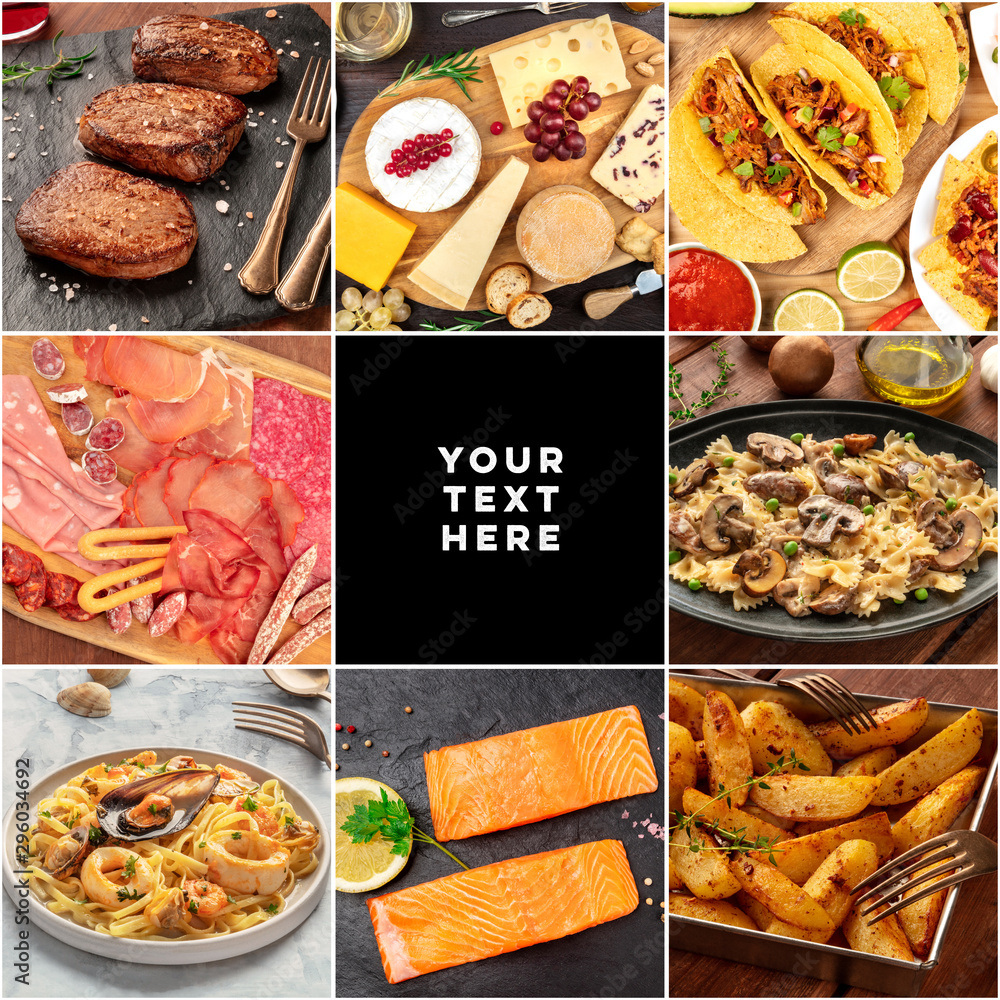 Food Collage. Many photos of tasty dishes, a square design template for ...