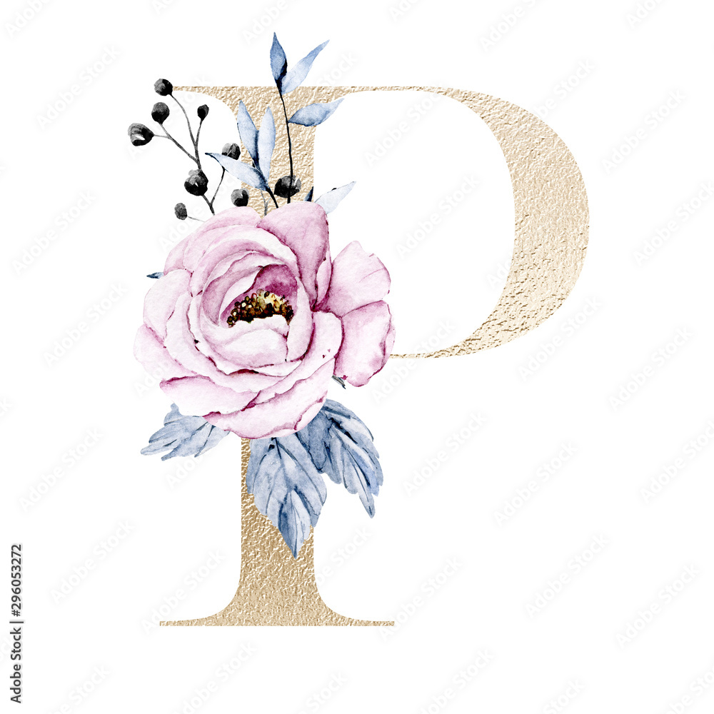 Letter p with watercolor flowers and leaves. Gold floral alphabet ...