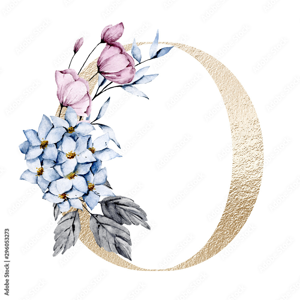 Letter o with watercolor flowers and leaves. Gold floral alphabet ...