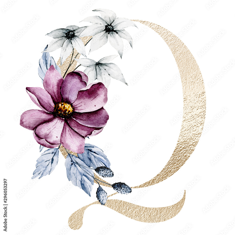 Letter q with watercolor flowers and leaves. Gold floral alphabet ...