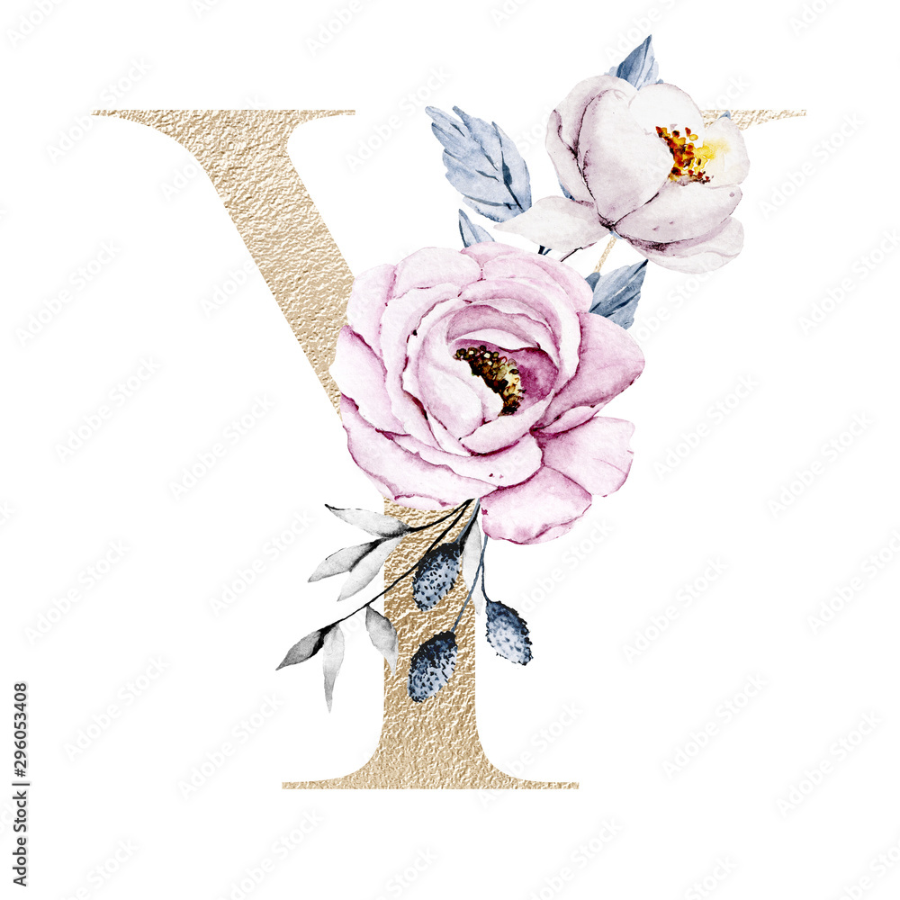 Letter y with watercolor flowers and leaves. Gold floral alphabet ...