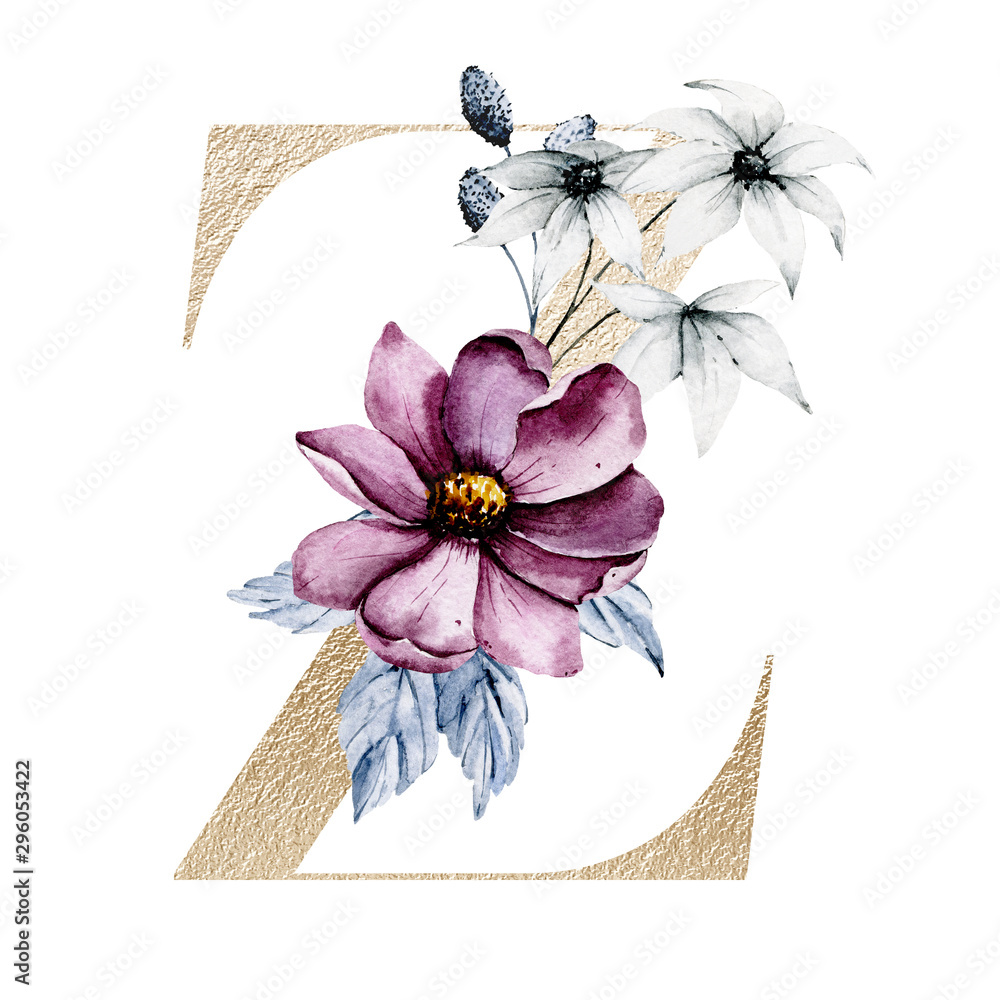 Letter z with watercolor flowers and leaves. Gold floral alphabet ...