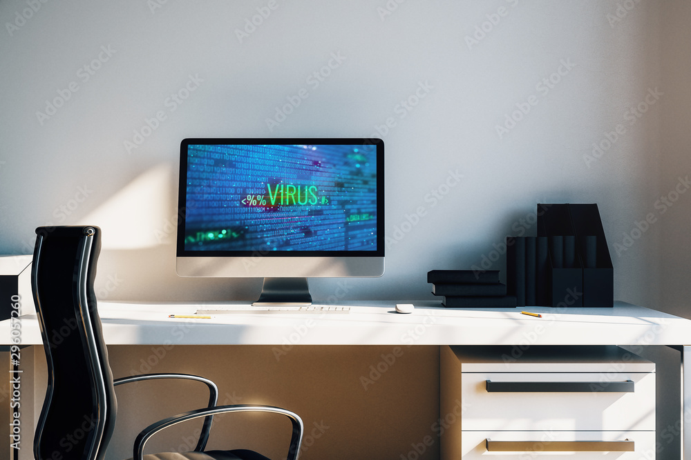 Desktop interior with computer, table and chair. Cyberpiracy theme ...