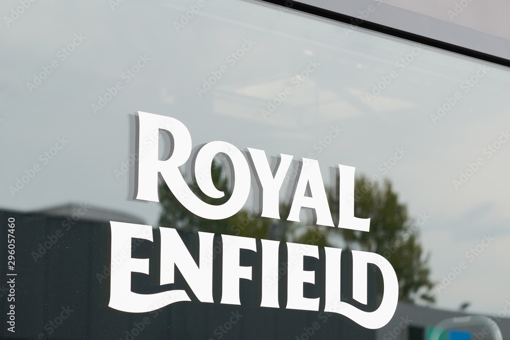 Royal Enfield motorcycles logo sign store windows shop from india Stock ...