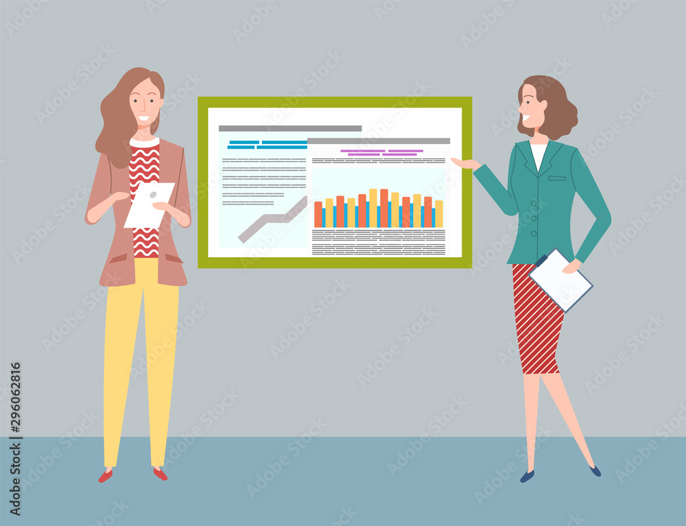 Presentation on board vector, women with report giving explanation of ...