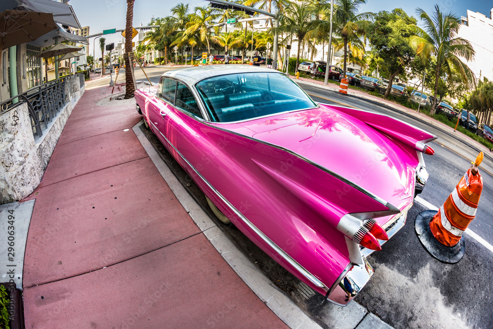 Cadillac Vintage car parked at Ocean Drive in Miami Beach Stock Photo ...