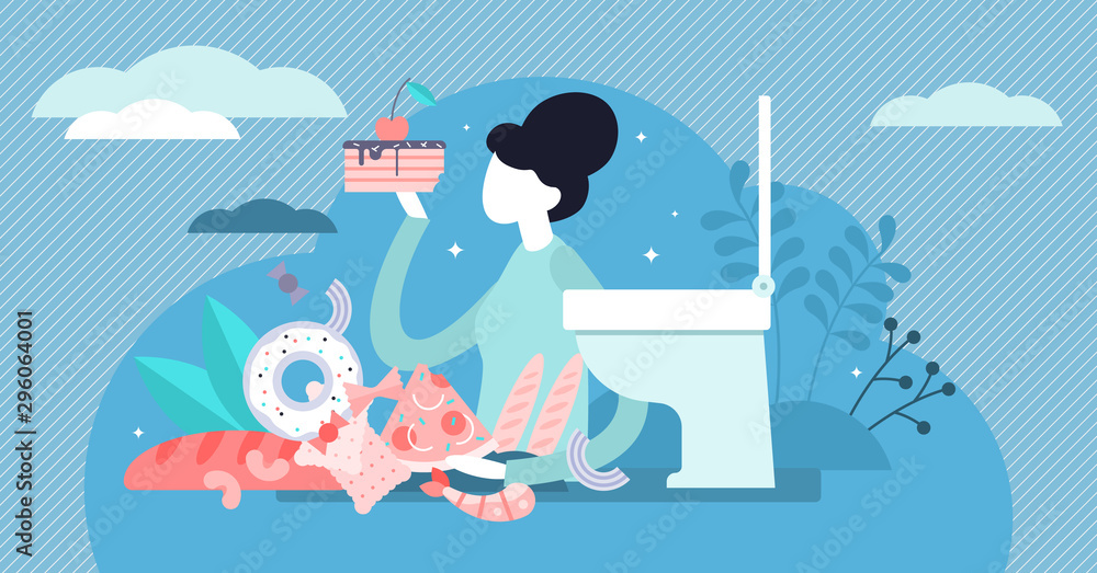 Bulimia vector illustration. Tiny vomiting food diagnosis persons ...