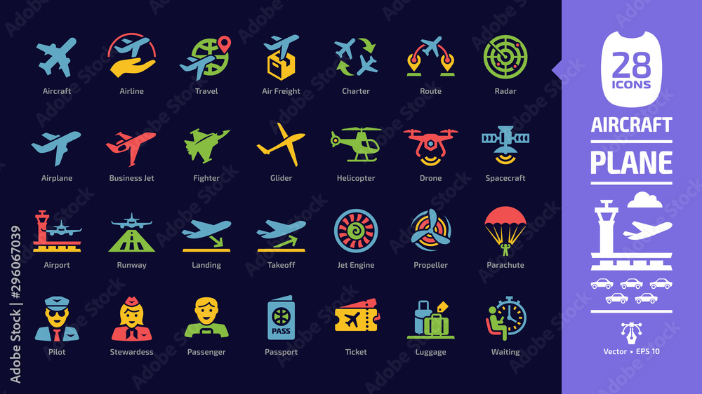 Aircraft color icon set in dark mode with flight plane glyph symbols ...