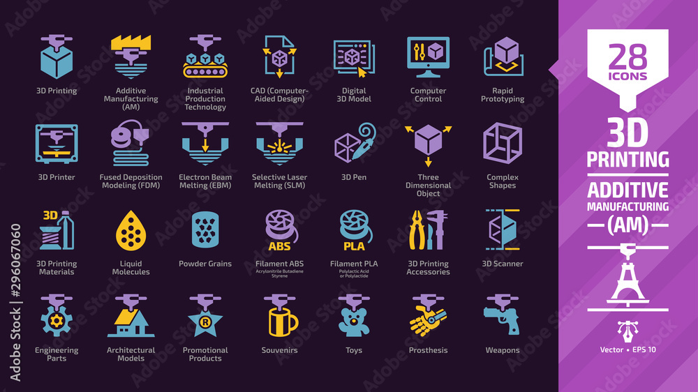 3D printing color icon set in dark mode with additive manufacturing (AM ...