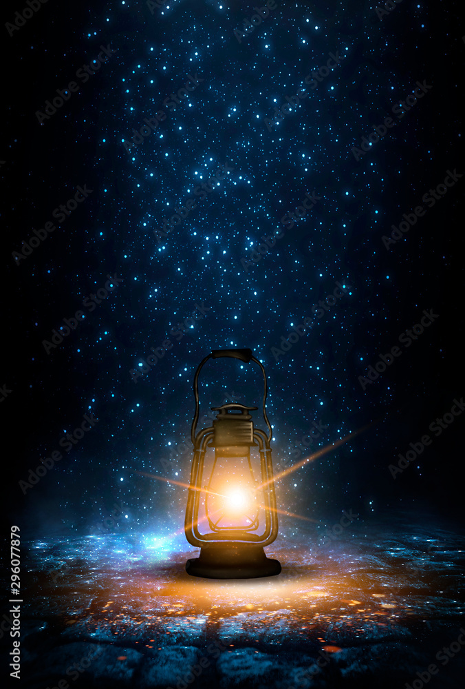 Dark night magic scene with night lanterns. Smoke, magic, magical ...