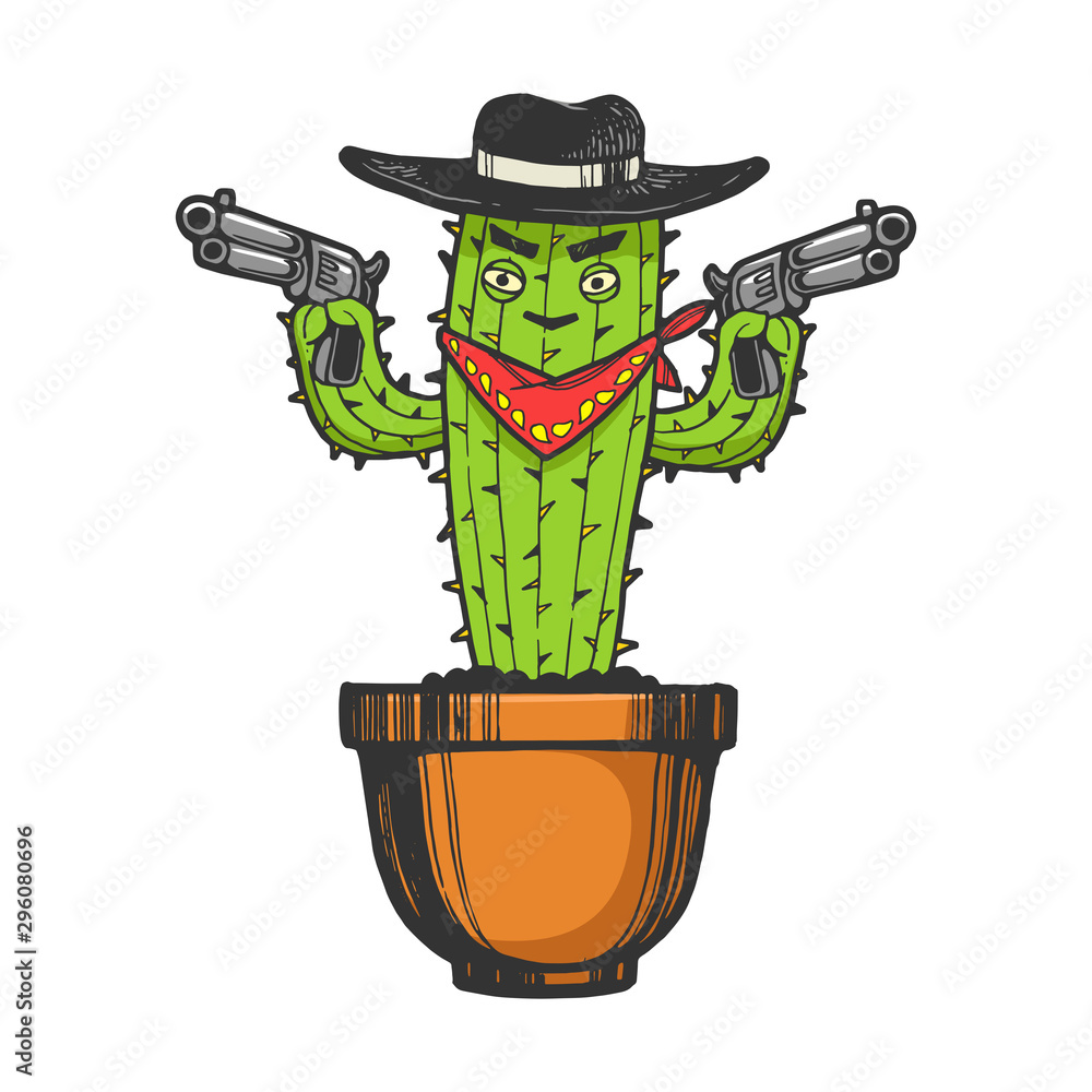 Cartoon mexican cactus character gangster bandit with pistol revolver ...