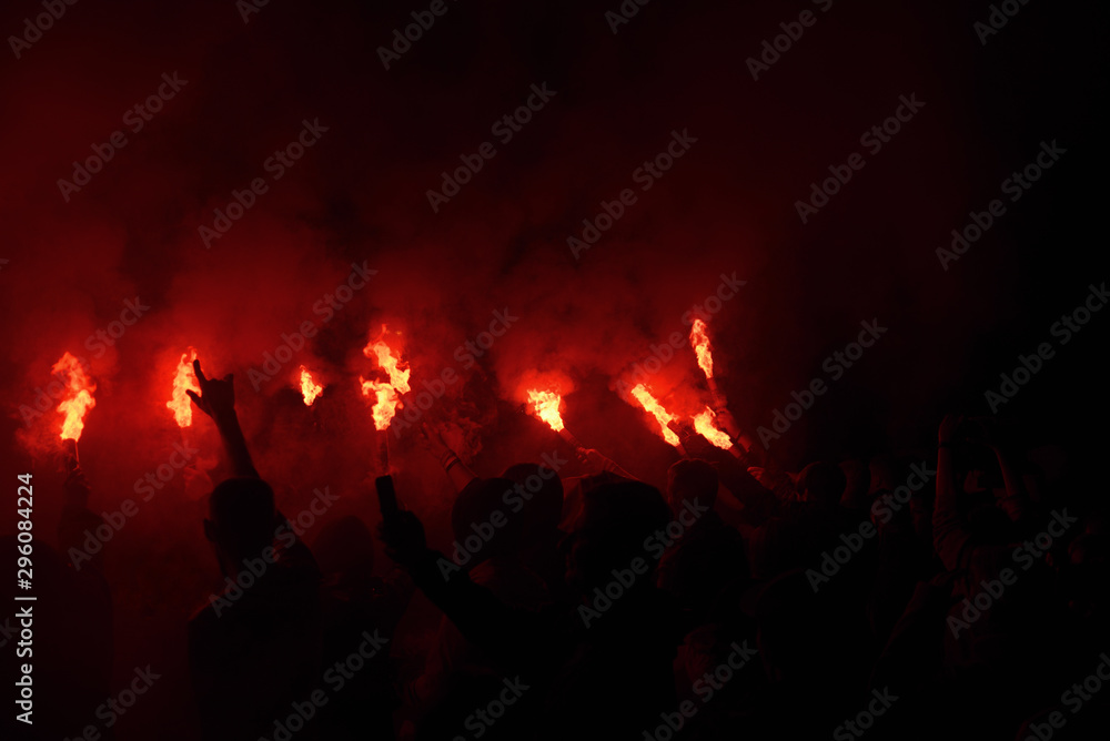 Crowded dance floor in nightclub. Big live music show in club. People ...