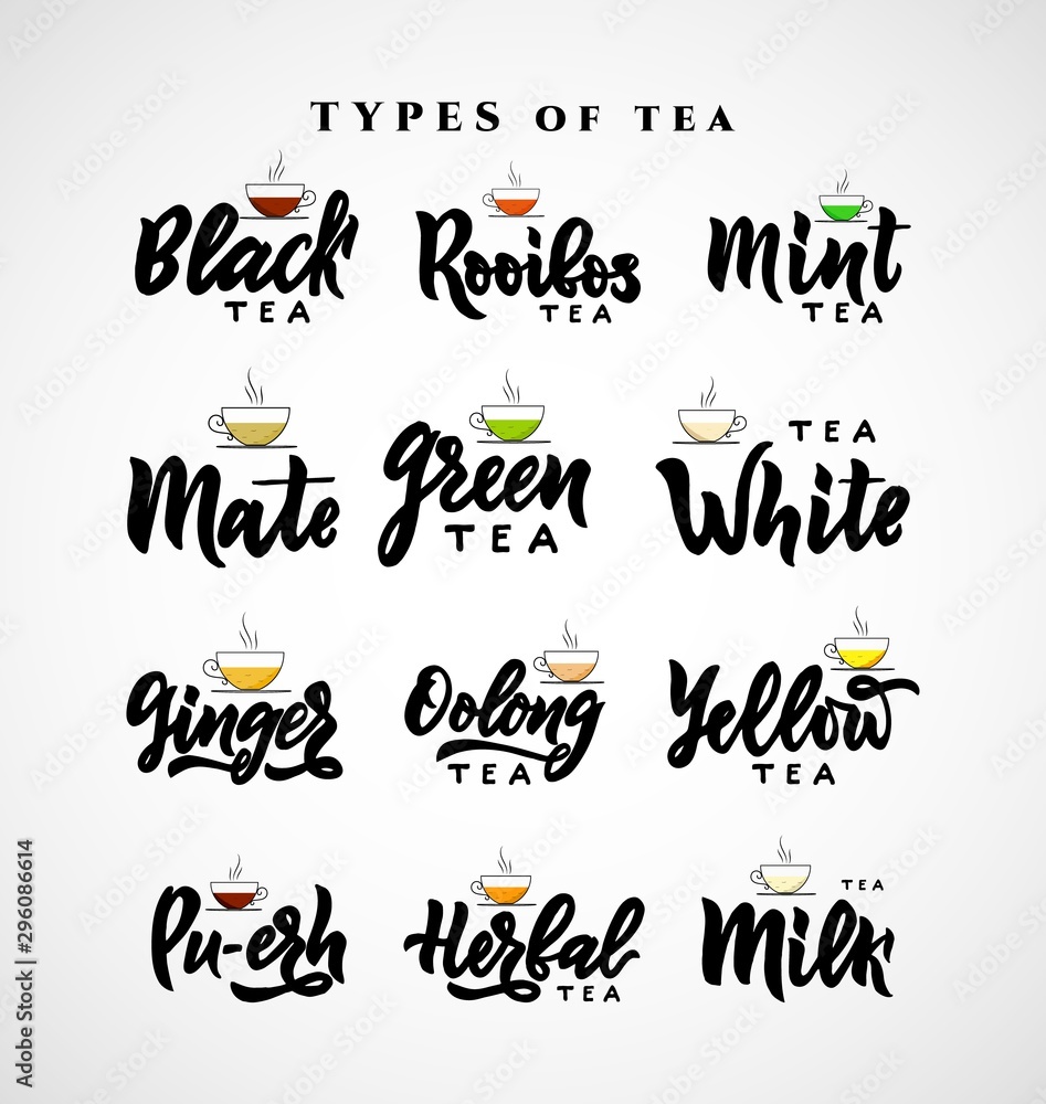 Set different types of name of tea. Hand calligraphy lettering. Vector ...