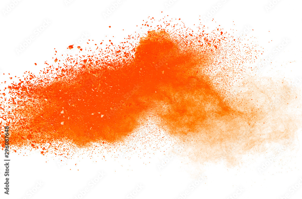 Abstract orange powder explosion isolated on white background. Stock ...
