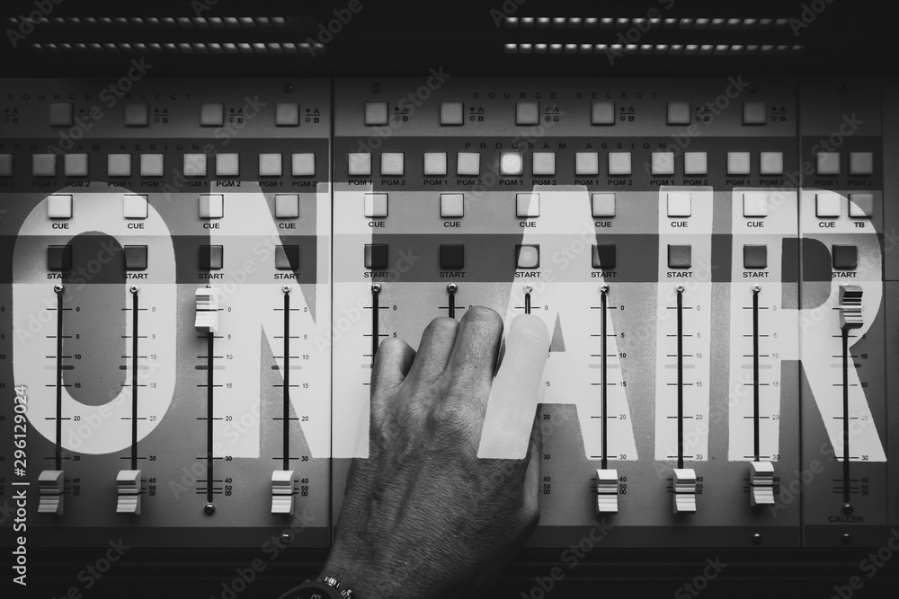 for radio stations: background with mixer and on air sign Stock Photo ...