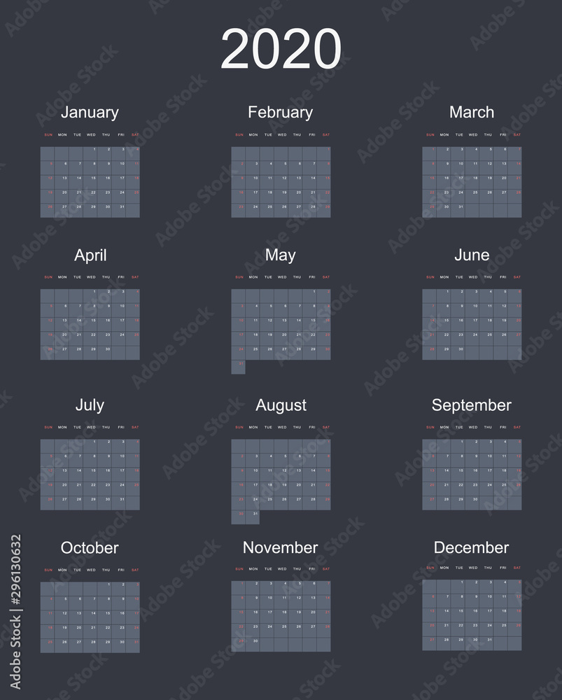2020 New year vector calendar in minimal simple style on dark ...