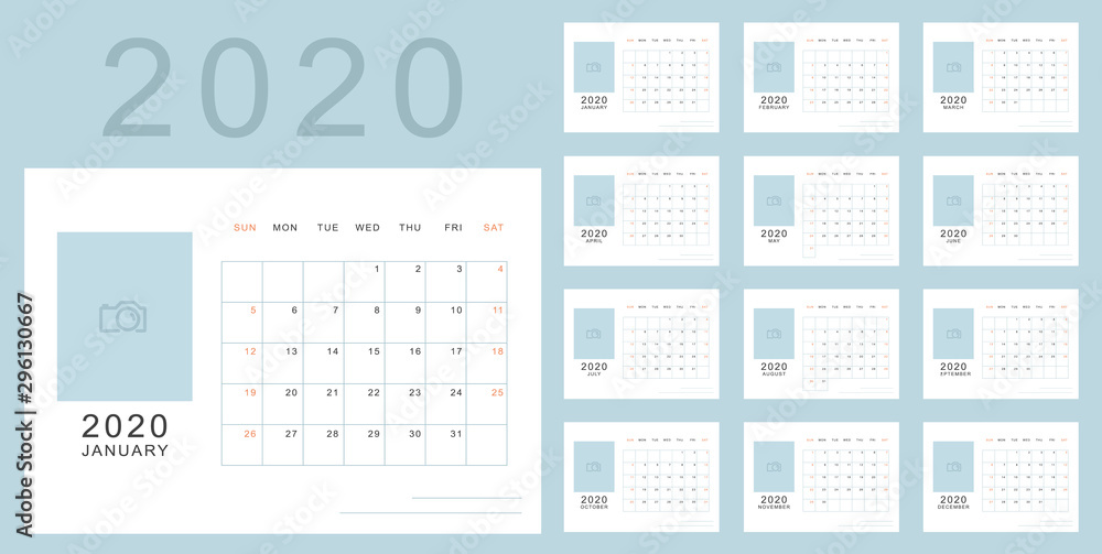 Simple minimalistic calendar of new 2020 year in light blue colors with ...