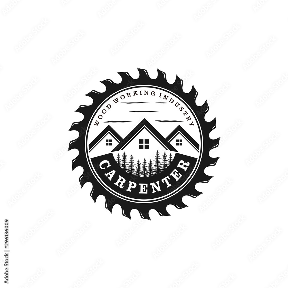 Carpenter industry logo design - circular saw and house design Stock ...