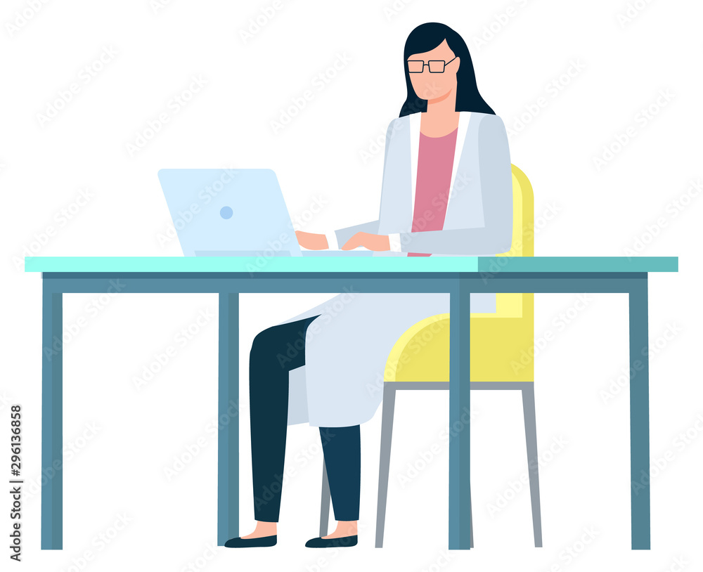 Doctor working with laptop, nurse character using computer, clinic ...