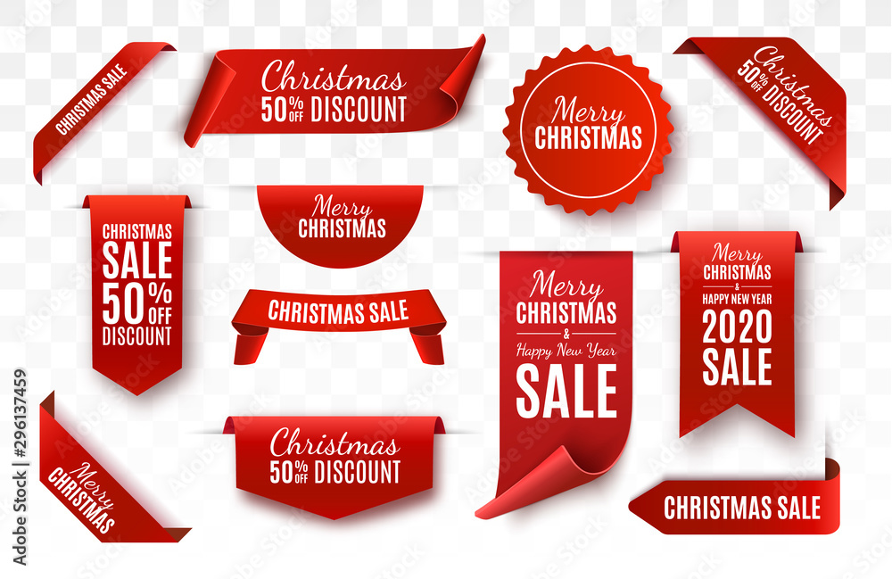 Christmas Sale Tags collection. Red scrolls and banners isolated. Merry ...