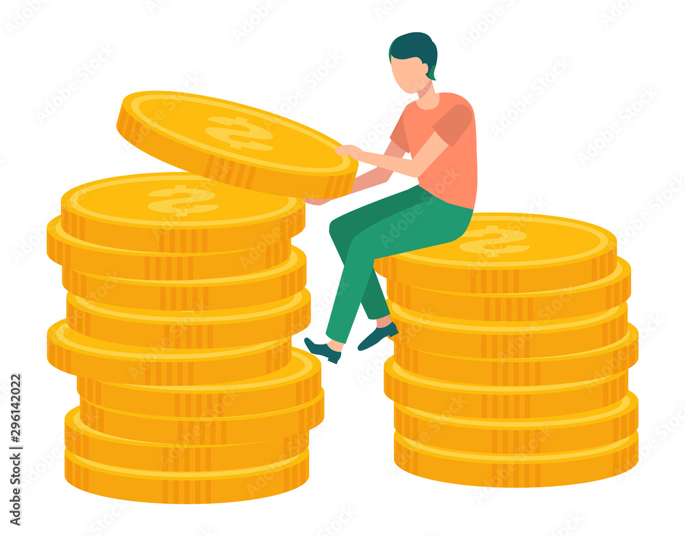 Attraction and accumulation of capital concept, man sitting on pile or ...
