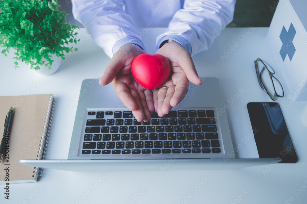 Hand of a doctor holding a red heart as symbol for cardiology, close up ...