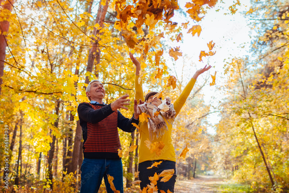 Fall season. Couple throwing leaves in autumn forest. Senior family ...