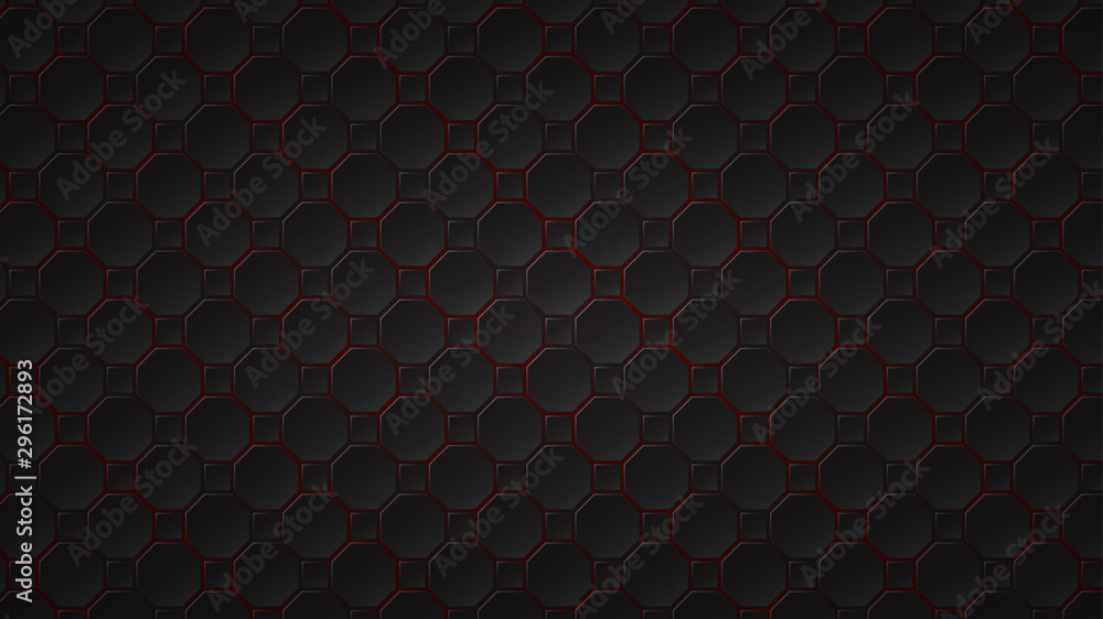 Abstract dark background of black octagon and square tiles with red ...