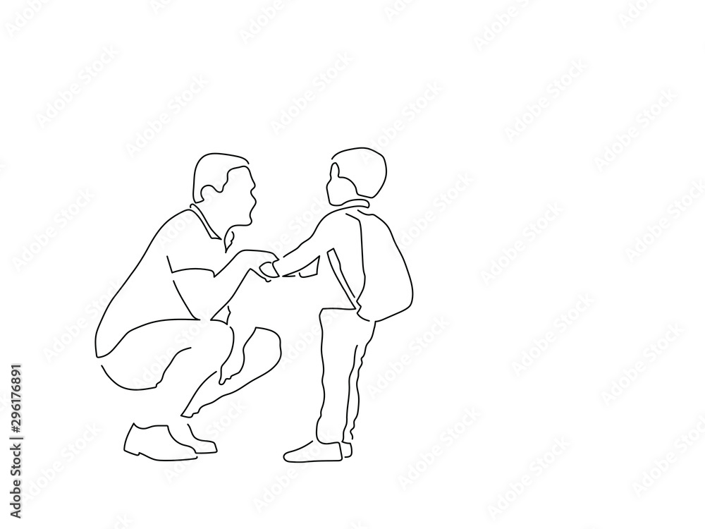 School boy with his father isolated line drawing, vector illustration ...