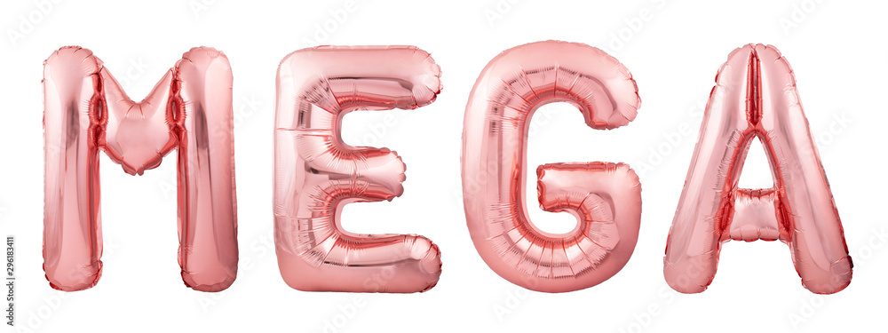 Word MEGA made of rose gold inflatable balloons isolated on white ...