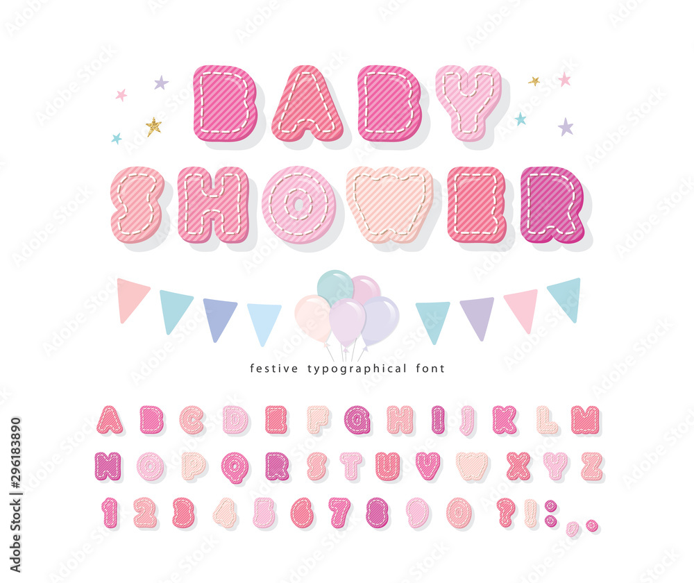 Cute cartoon pink font. Baby shower design. Cotton texture alphabet for ...