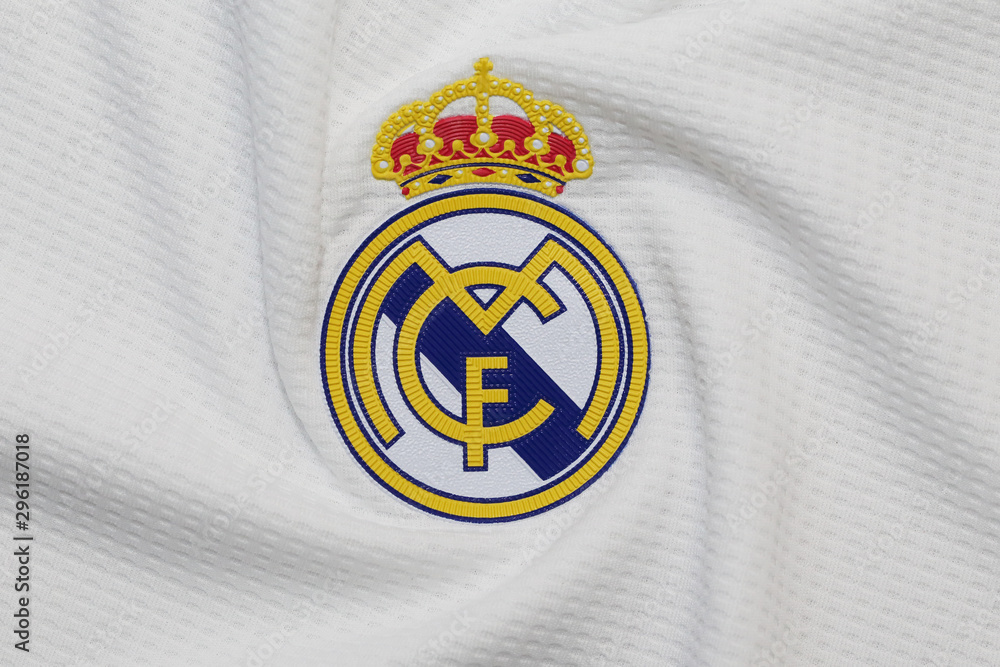 The logo of Real Madrid football club on an official jersey Stock Photo ...
