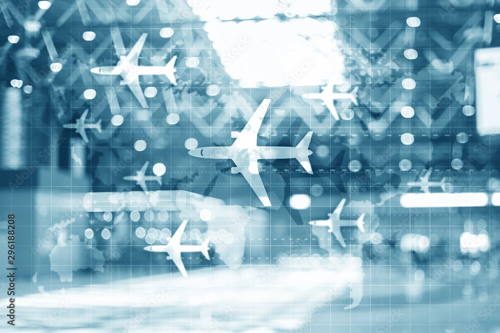 Global Aviation Business Tourism. Double exposure background World map ...