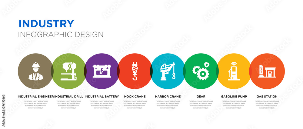 8 colorful industry vector icons set such as gas station, gasoline pump ...
