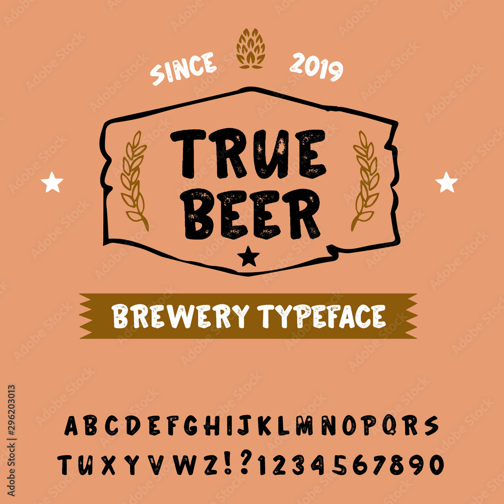 " beer " typeface. Vector hand crafted font in medieval style with hops ...