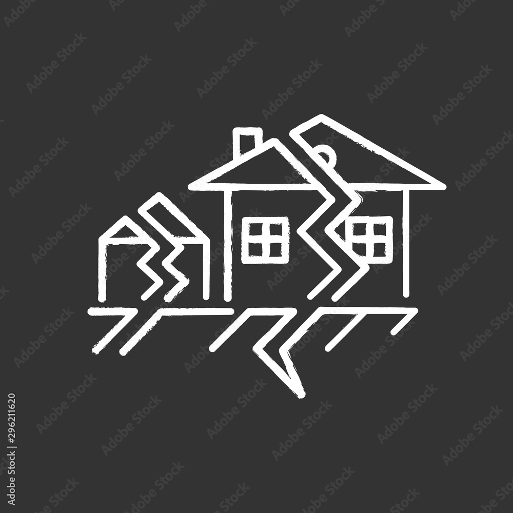 Earthquake chalk icon. Seismic activity. Temblor buildings destruction ...