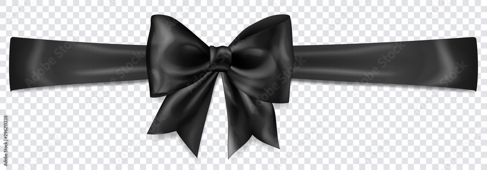 Beautiful black bow with horizontal ribbon with shadow on transparent ...