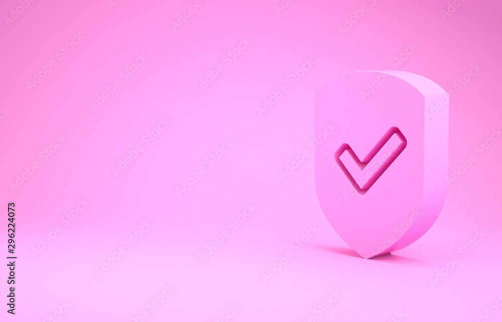 Pink Shield with check mark icon isolated on pink background ...