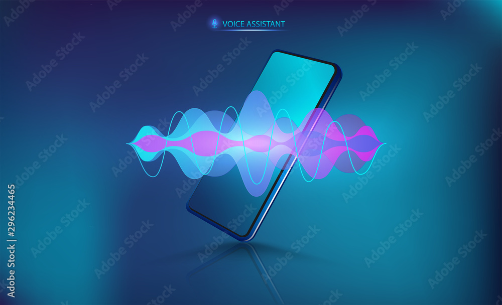 Voice assistant on the Smartphone. Isometric cellphone with sound wave ...