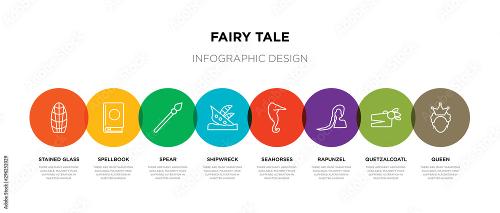8 colorful fairy tale outline icons set such as queen, quetzalcoatl ...