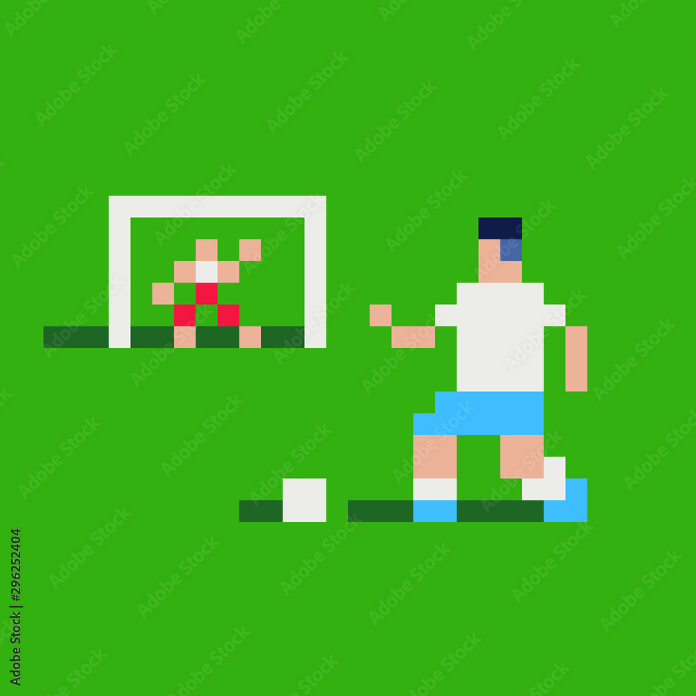 Soccer player with ball and goalkeeper on the field pixel art vector ...