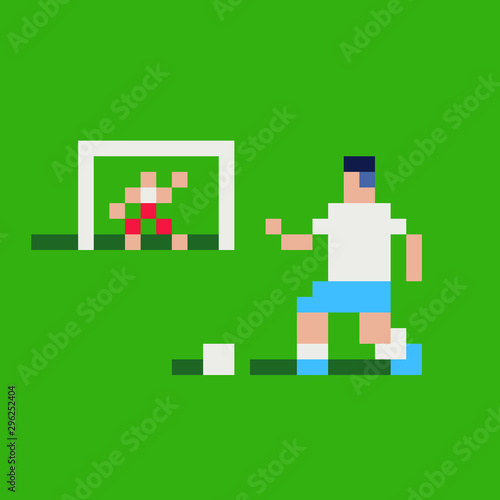 Soccer player with ball and goalkeeper on the field pixel art vector ...