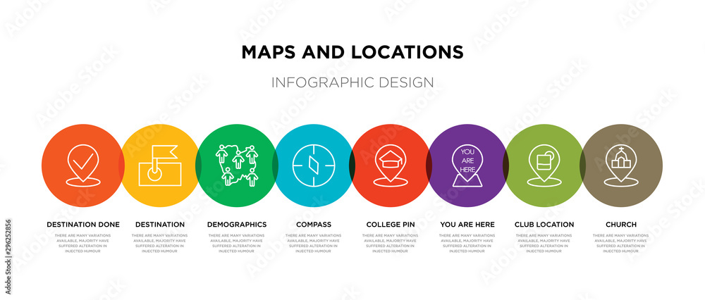 8 colorful maps and locations outline icons set such as church, club ...