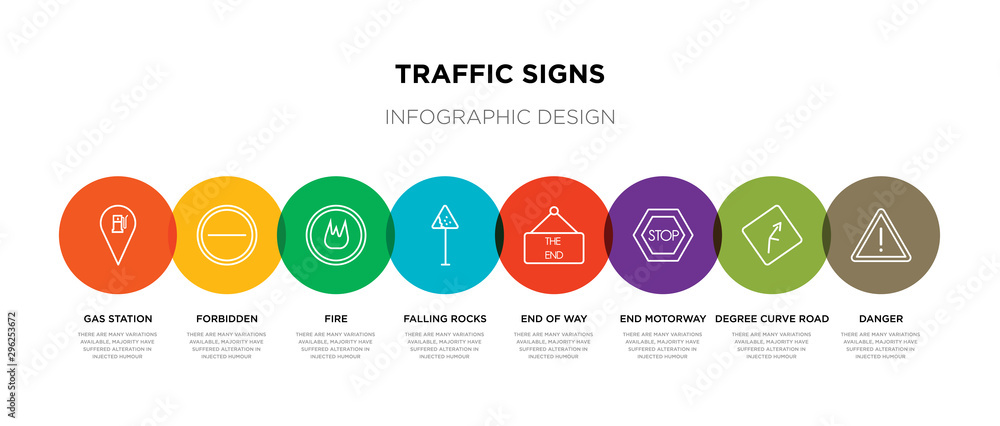 8 colorful traffic signs outline icons set such as danger, degree curve ...