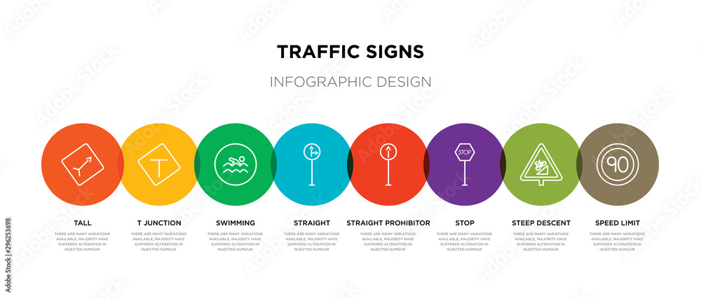 8 colorful traffic signs outline icons set such as speed limit, steep ...
