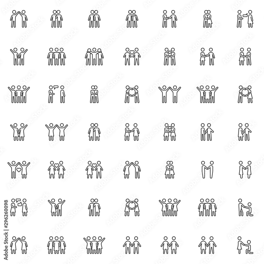 People relationship line icons set. Friendship linear style symbols ...