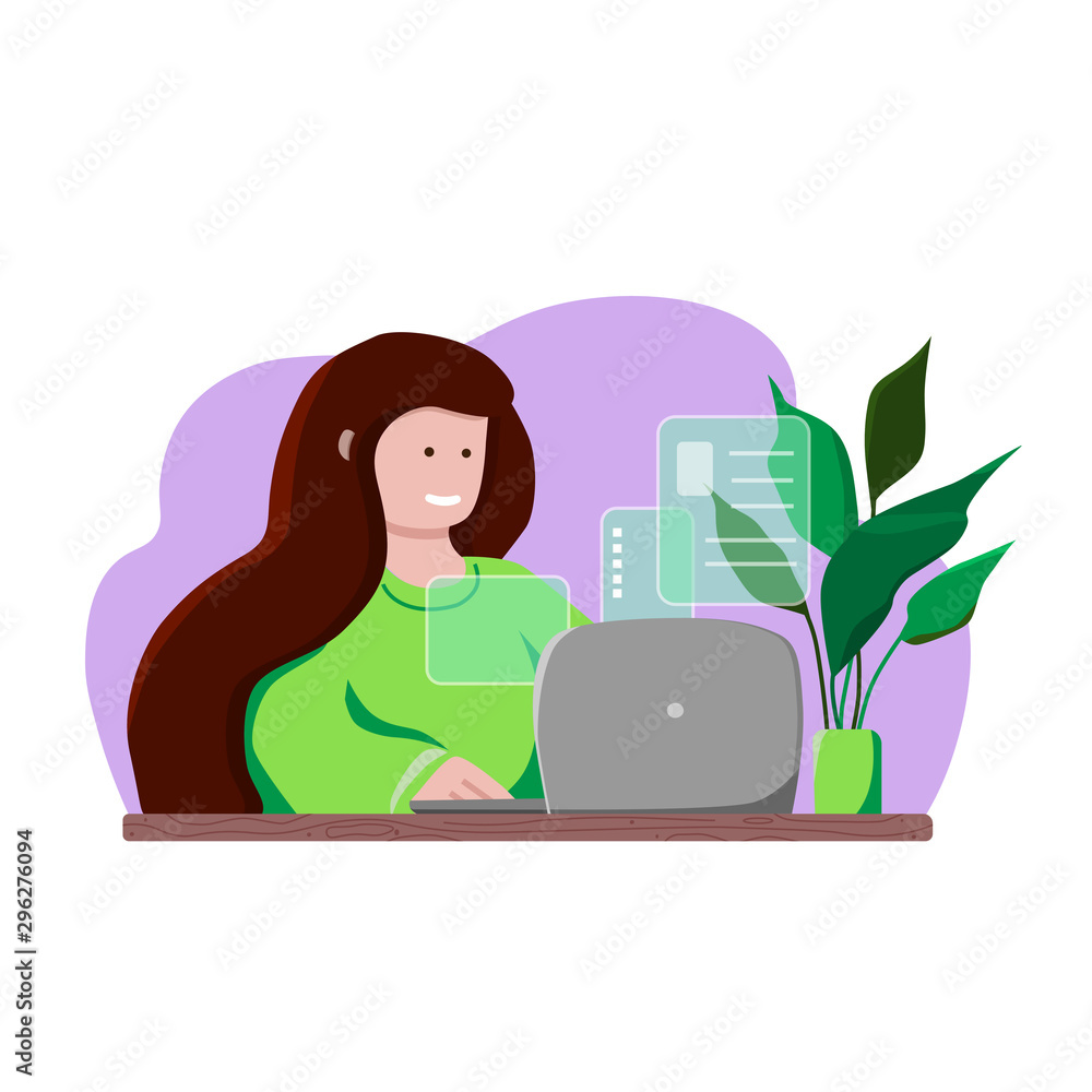 Young woman work with laptop on the table. Happy girl studying with ...