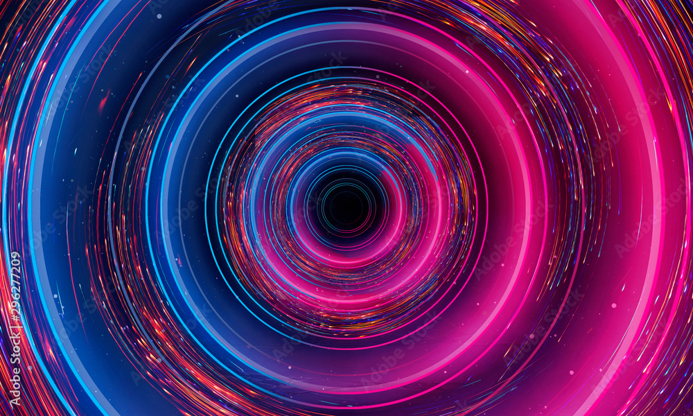 Abstract neon background with light circles, geometric shapes made of ...